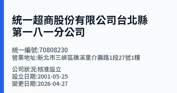 統一超商股份有限公司台北縣第一八一分公司的照片-統編 70808230(新北市) 公司登記資料與營業項目詳細圖表