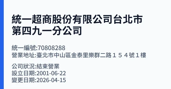 統一超商股份有限公司台北市第四九一分公司的照片-統編 70808288(臺北市) 公司登記資料與營業項目詳細圖表
