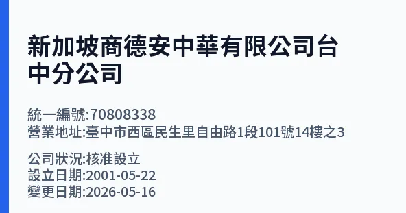 新加坡商德安中華有限公司台中分公司的照片-統編 70808338(臺中市) 公司登記資料與營業項目詳細圖表