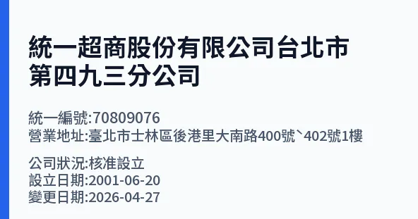 統一超商股份有限公司台北市第四九三分公司的照片-統編 70809076(臺北市) 公司登記資料與營業項目詳細圖表