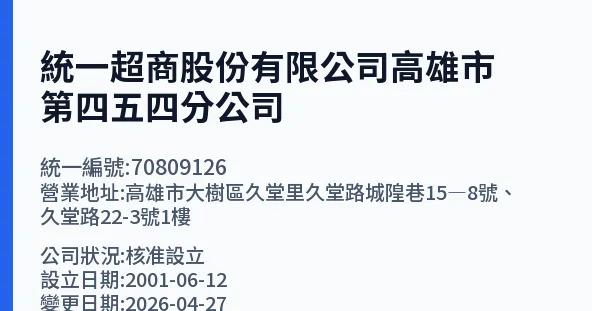 統一超商股份有限公司高雄市第四五四分公司的照片-統編 70809126(高雄市) 公司登記資料與營業項目詳細圖表