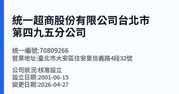 統一超商股份有限公司台北市第四九五分公司的照片-統編 70809266(臺北市) 公司登記資料與營業項目詳細圖表