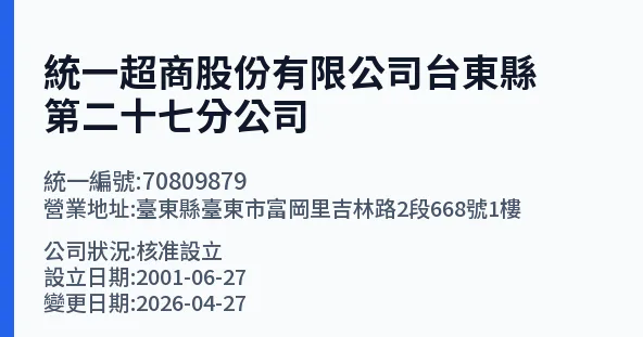 統一超商股份有限公司台東縣第二十七分公司的照片-統編 70809879(臺東縣) 公司登記資料與營業項目詳細圖表