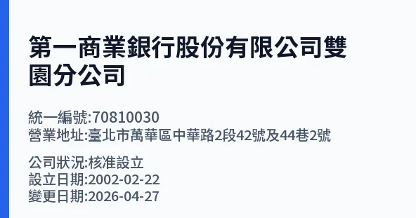 第一商業銀行股份有限公司雙園分公司的照片-統編 70810030(臺北市) 公司登記資料與營業項目詳細圖表