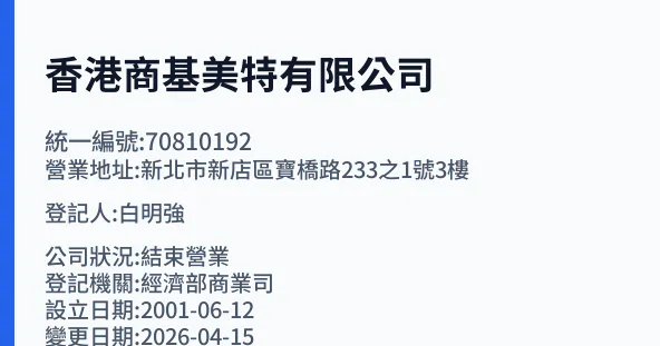 香港商基美特有限公司的照片-統編 70810192(新北市) 公司登記資料與營業項目詳細圖表