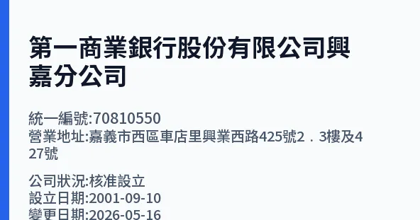 第一商業銀行股份有限公司興嘉分公司的照片-統編 70810550(嘉義市) 公司登記資料與營業項目詳細圖表