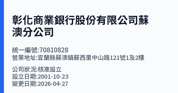 彰化商業銀行股份有限公司蘇澳分公司的照片-統編 70810828(宜蘭縣) 公司登記資料與營業項目詳細圖表