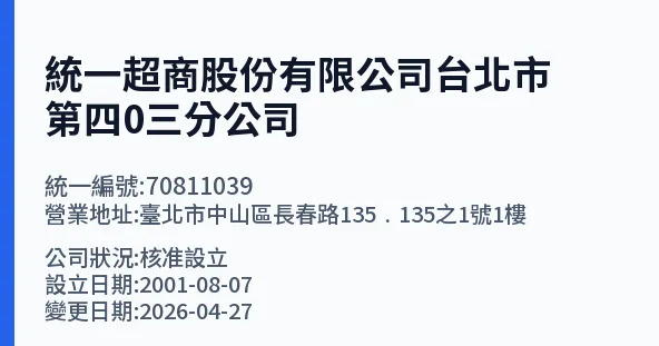 統一超商股份有限公司台北市第四0三分公司的照片-統編 70811039(臺北市) 公司登記資料與營業項目詳細圖表