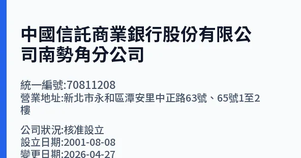 中國信託商業銀行股份有限公司南勢角分公司的照片-統編 70811208(新北市) 公司登記資料與營業項目詳細圖表