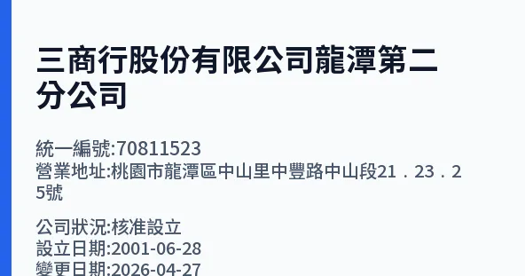 三商行股份有限公司龍潭第二分公司的照片-統編 70811523(桃園市) 公司登記資料與營業項目詳細圖表