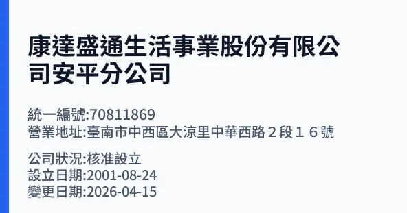康達盛通生活事業股份有限公司安平分公司的照片-統編 70811869(臺南市) 公司登記資料與營業項目詳細圖表