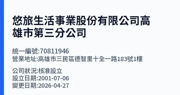 悠旅生活事業股份有限公司高雄市第三分公司的照片-統編 70811946(高雄市) 公司登記資料與營業項目詳細圖表
