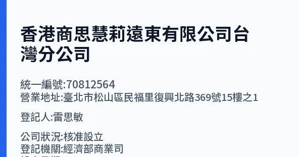 香港商思慧莉遠東有限公司台灣分公司的照片-統編 70812564(臺北市) 公司登記資料與營業項目詳細圖表