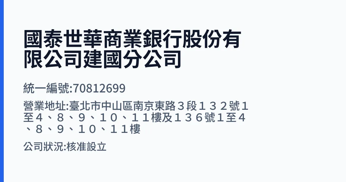 國泰世華商業銀行股份有限公司建國分公司 - 統編 70812699(臺北市) 公司登記資料與營業項目詳細圖表