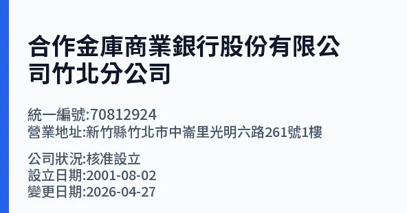 合作金庫商業銀行股份有限公司竹北分公司的照片-統編 70812924(新竹縣) 公司登記資料與營業項目詳細圖表