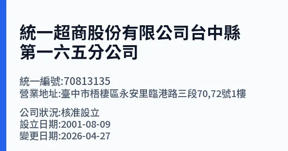 統一超商股份有限公司台中縣第一六五分公司的照片-統編 70813135(臺中市) 公司登記資料與營業項目詳細圖表