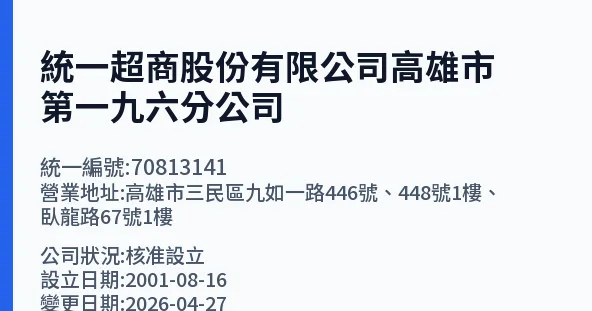 統一超商股份有限公司高雄市第一九六分公司的照片-統編 70813141(高雄市) 公司登記資料與營業項目詳細圖表