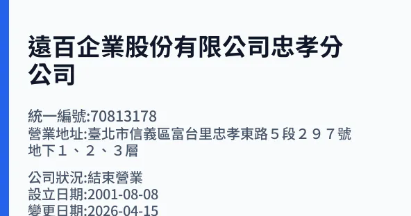 遠百企業股份有限公司忠孝分公司的照片-統編 70813178(臺北市) 公司登記資料與營業項目詳細圖表