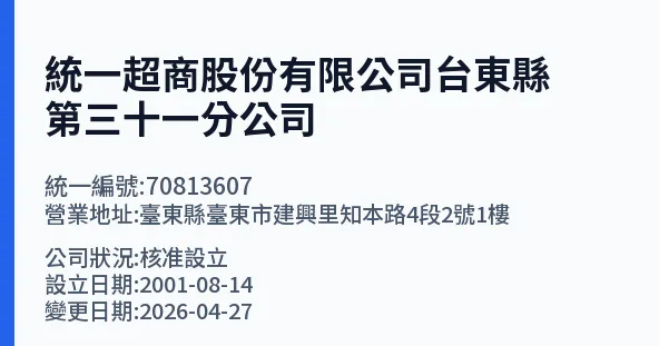 統一超商股份有限公司台東縣第三十一分公司的照片-統編 70813607(臺東縣) 公司登記資料與營業項目詳細圖表