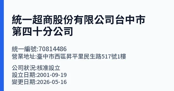 統一超商股份有限公司台中市第四十分公司的照片-統編 70814486(臺中市) 公司登記資料與營業項目詳細圖表