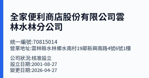 全家便利商店股份有限公司雲林水林分公司的照片-統編 70815014(雲林縣) 公司登記資料與營業項目詳細圖表