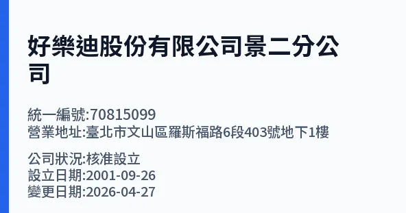 好樂迪股份有限公司景二分公司的照片-統編 70815099(臺北市) 公司登記資料與營業項目詳細圖表