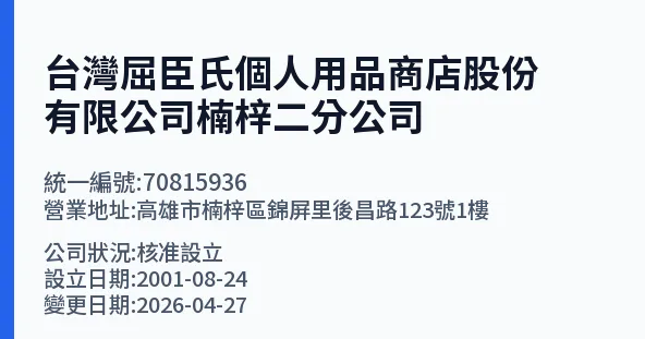 台灣屈臣氏個人用品商店股份有限公司楠梓二分公司的照片-統編 70815936(高雄市) 公司登記資料與營業項目詳細圖表