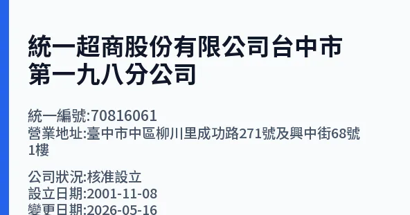 統一超商股份有限公司台中市第一九八分公司的照片-統編 70816061(臺中市) 公司登記資料與營業項目詳細圖表