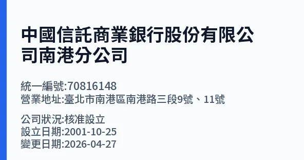 中國信託商業銀行股份有限公司南港分公司的照片-統編 70816148(臺北市) 公司登記資料與營業項目詳細圖表