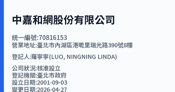 中嘉和網股份有限公司的照片-統編 70816153(臺北市) 公司登記資料與營業項目詳細圖表