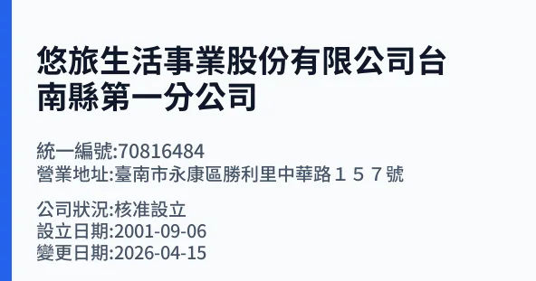 悠旅生活事業股份有限公司台南縣第一分公司的照片-統編 70816484(臺南市) 公司登記資料與營業項目詳細圖表