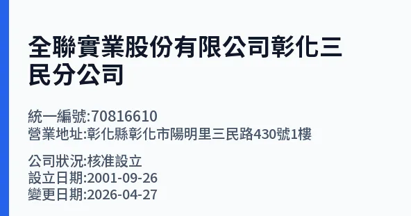 全聯實業股份有限公司彰化三民分公司的照片-統編 70816610(彰化縣) 公司登記資料與營業項目詳細圖表