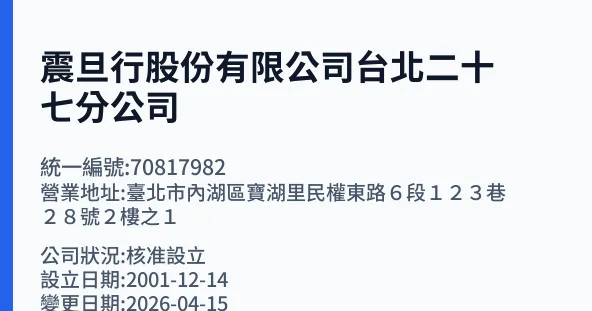 震旦行股份有限公司台北二十七分公司的照片-統編 70817982(臺北市) 公司登記資料與營業項目詳細圖表