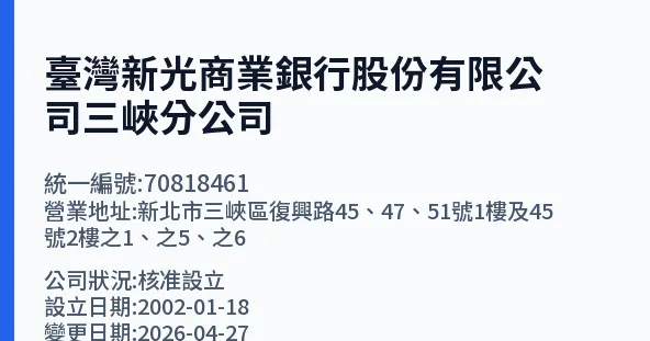 臺灣新光商業銀行股份有限公司三峽分公司的照片-統編 70818461(新北市) 公司登記資料與營業項目詳細圖表
