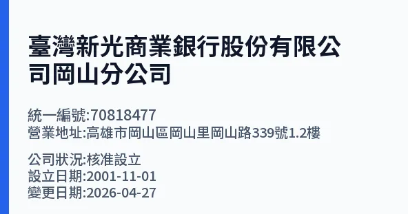 臺灣新光商業銀行股份有限公司岡山分公司的照片-統編 70818477(高雄市) 公司登記資料與營業項目詳細圖表