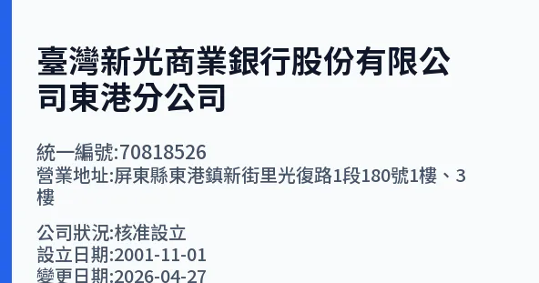 臺灣新光商業銀行股份有限公司東港分公司的照片-統編 70818526(屏東縣) 公司登記資料與營業項目詳細圖表