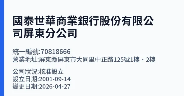 國泰世華商業銀行股份有限公司屏東分公司的照片-統編 70818666(屏東縣) 公司登記資料與營業項目詳細圖表