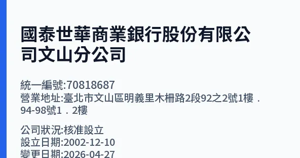 國泰世華商業銀行股份有限公司文山分公司的照片-統編 70818687(臺北市) 公司登記資料與營業項目詳細圖表