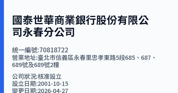 國泰世華商業銀行股份有限公司永春分公司的照片-統編 70818722(臺北市) 公司登記資料與營業項目詳細圖表