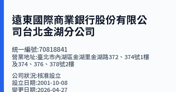 遠東國際商業銀行股份有限公司台北金湖分公司的照片-統編 70818841(臺北市) 公司登記資料與營業項目詳細圖表