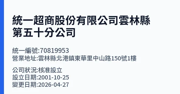 統一超商股份有限公司雲林縣第五十分公司的照片-統編 70819953(雲林縣) 公司登記資料與營業項目詳細圖表