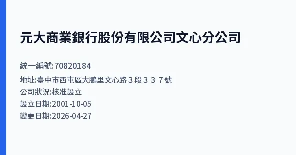 元大商業銀行股份有限公司文心分公司的照片-統編 70820184(臺中市) 公司登記資料與營業項目詳細圖表