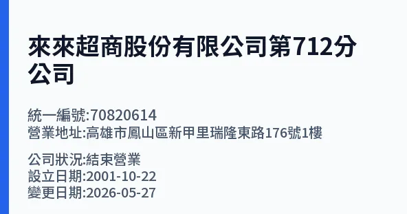 來來超商股份有限公司第712分公司的照片-統編 70820614(高雄市) 公司登記資料與營業項目詳細圖表