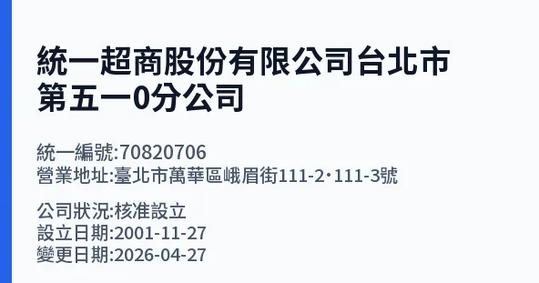 統一超商股份有限公司台北市第五一0分公司的照片-統編 70820706(臺北市) 公司登記資料與營業項目詳細圖表