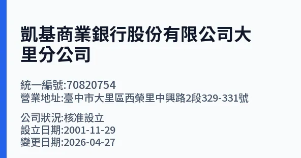 凱基商業銀行股份有限公司大里分公司的照片-統編 70820754(臺中市) 公司登記資料與營業項目詳細圖表