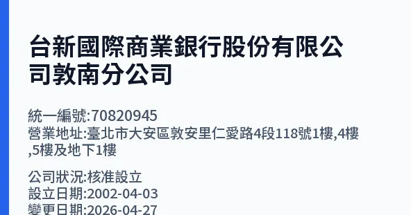 台新國際商業銀行股份有限公司敦南分公司的照片-統編 70820945(臺北市) 公司登記資料與營業項目詳細圖表