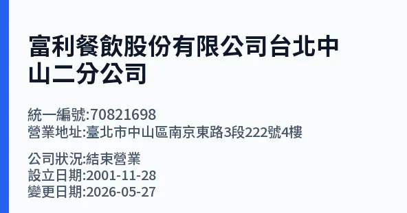 富利餐飲股份有限公司台北中山二分公司的照片-統編 70821698(臺北市) 公司登記資料與營業項目詳細圖表