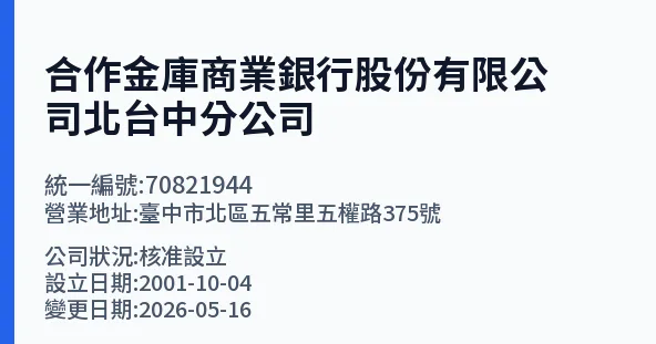 合作金庫商業銀行股份有限公司北台中分公司的照片-統編 70821944(臺中市) 公司登記資料與營業項目詳細圖表