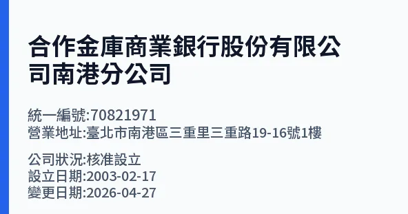 合作金庫商業銀行股份有限公司南港分公司的照片-統編 70821971(臺北市) 公司登記資料與營業項目詳細圖表