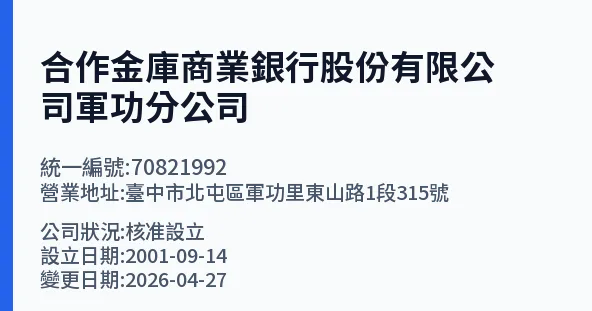 合作金庫商業銀行股份有限公司軍功分公司的照片-統編 70821992(臺中市) 公司登記資料與營業項目詳細圖表